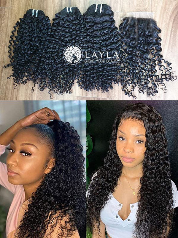 Deep Curly Lace Closure & Bundles 24", Double Drawn Human Hair